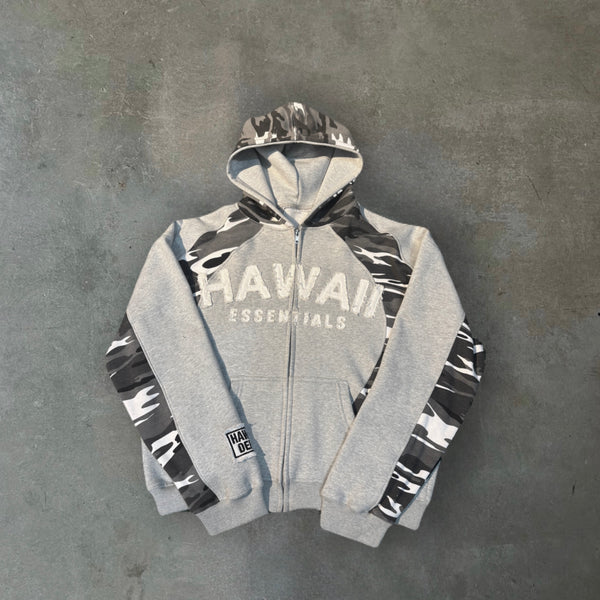 Hawaii Essentials Hoodie - Gray Snow Camo Zip – Hawaii Dept Streetwear